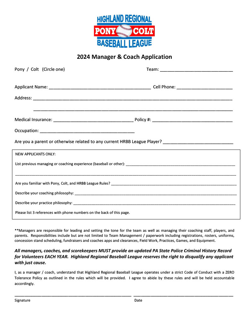 Coach Application – Highland Regional Baseball league